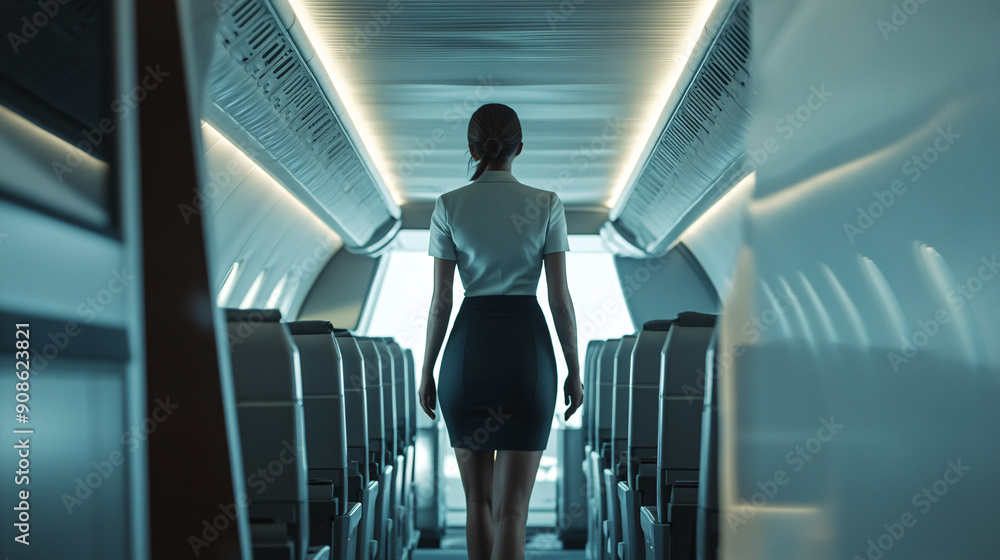 Photography of a flight attendant checking the cabin before takeoff ...