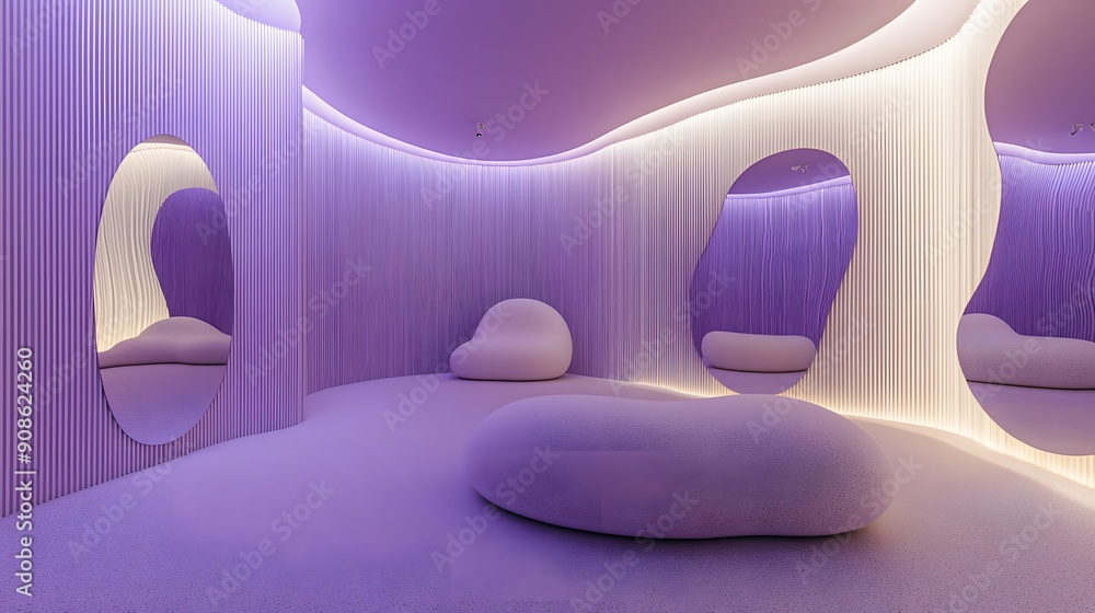 3D mirror within a minimalist setting, violet light with erratic ...