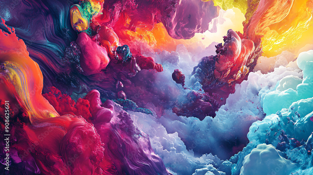 Photography of a poster color art piece depicting a detailed scene with ...