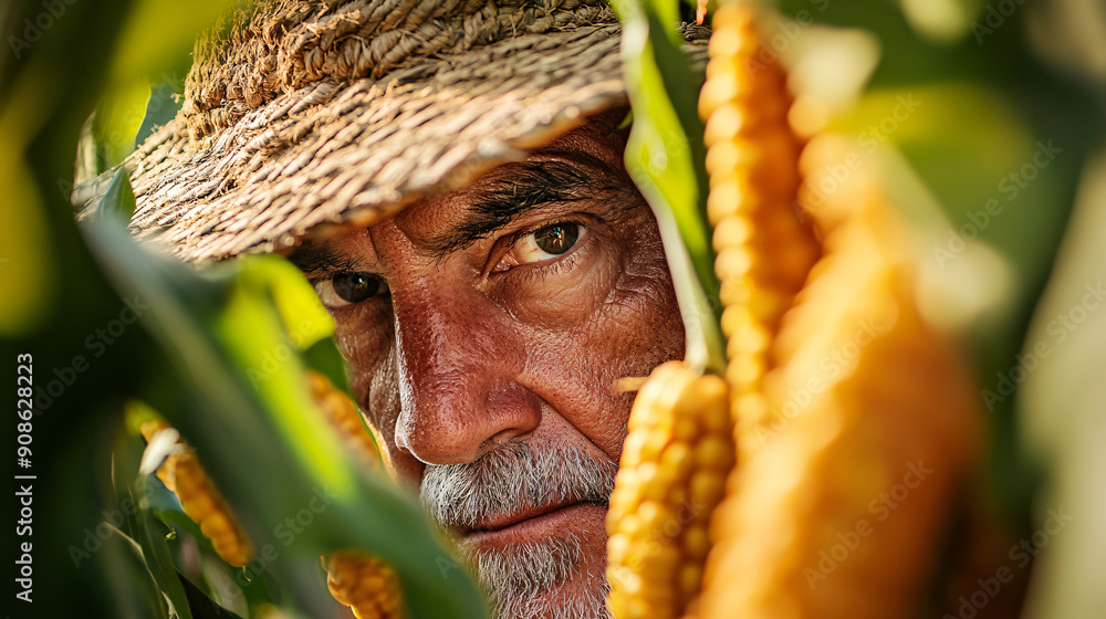 Photography of a farmer’s face peeking out from behind a large harvest ...