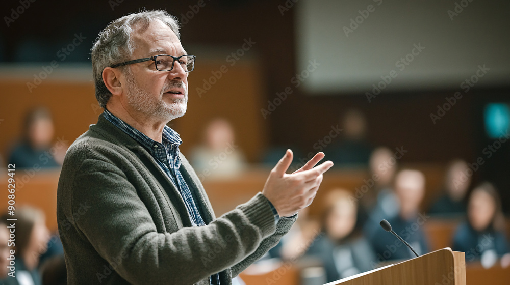 Photography of a professor participating in a panel discussion at a ...