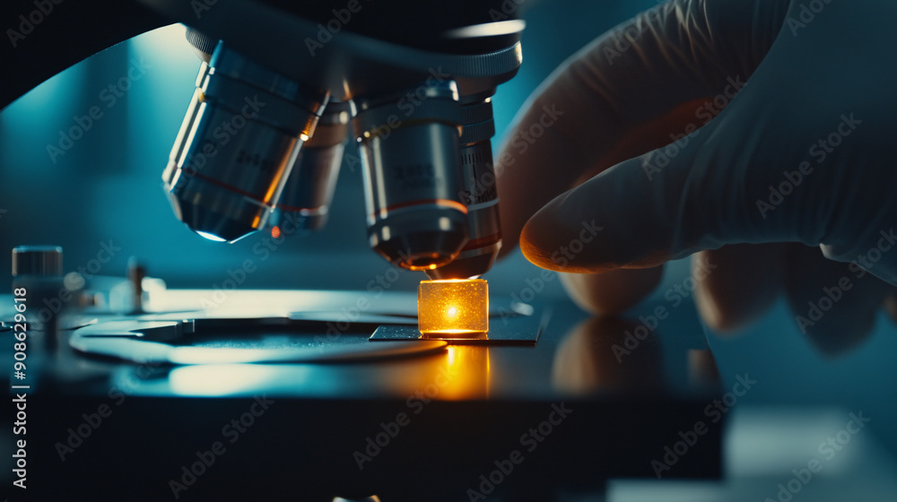 Photography of a scientist’s fingers carefully placing a specimen slide ...
