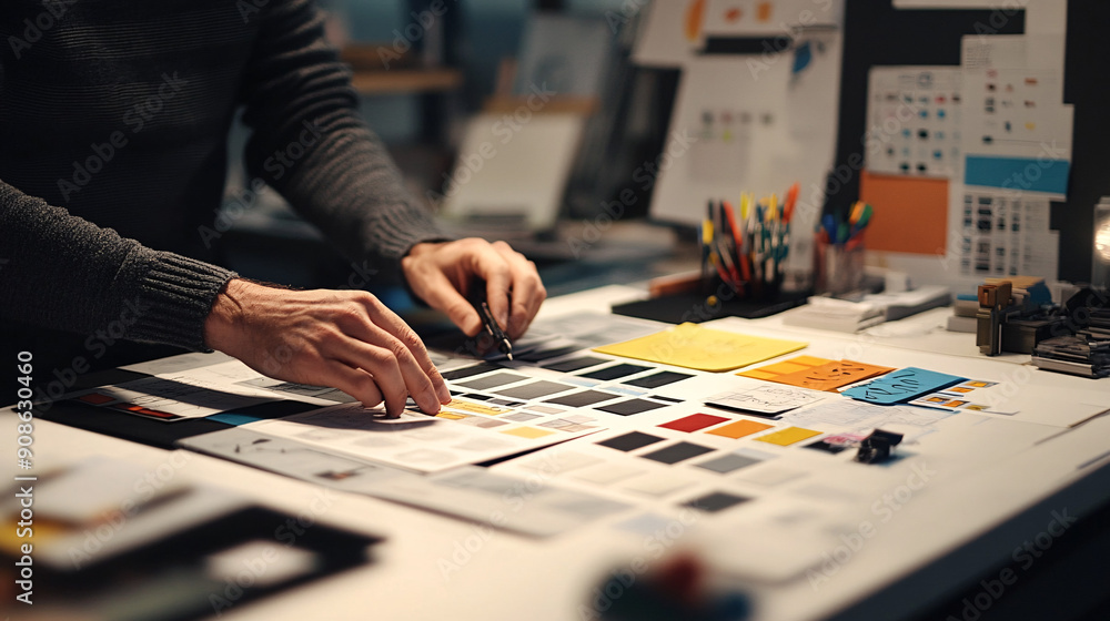 Photography of a graphic designer arranging elements on a layout for a ...
