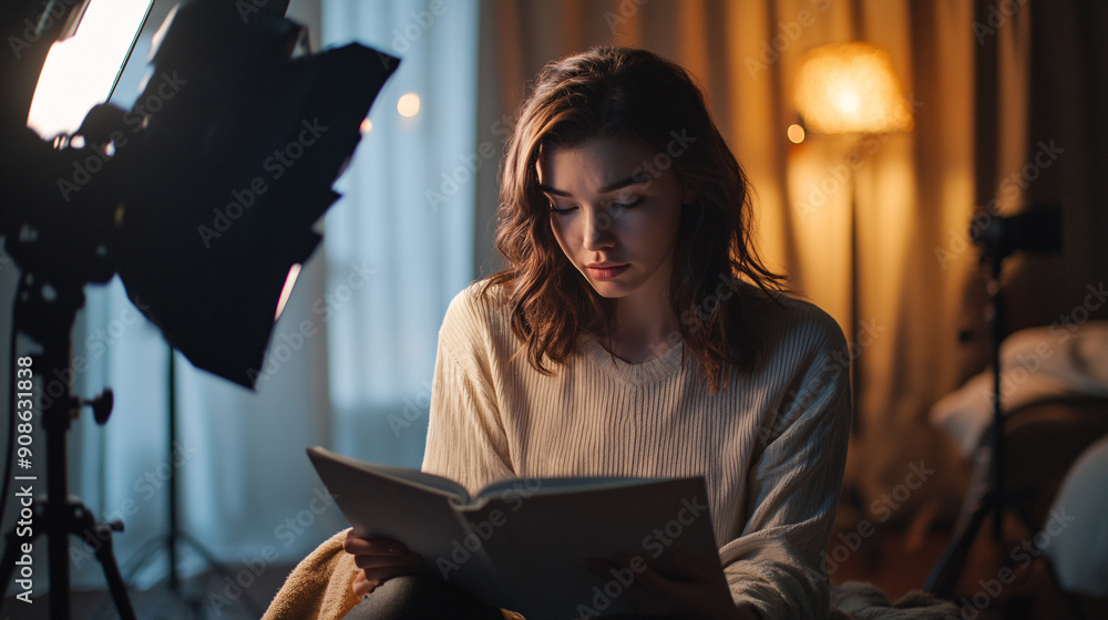 Photography of an actress reviewing her lines in a quiet corner of the ...
