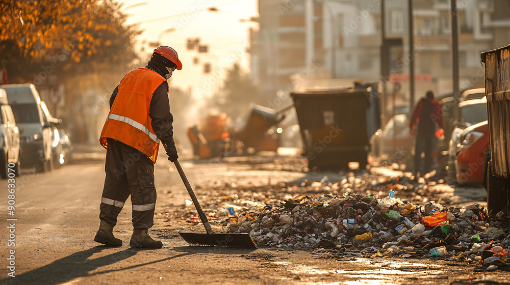 Photography of a garbage collector sweeping up debris around a ...