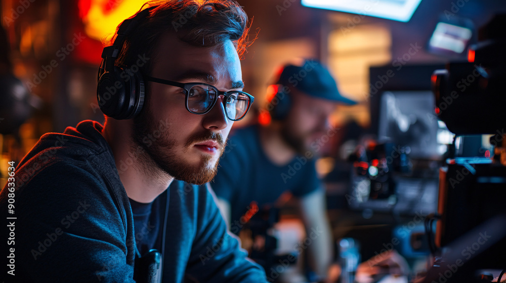 Photography of a cartoon writer collaborating with a team of animators ...