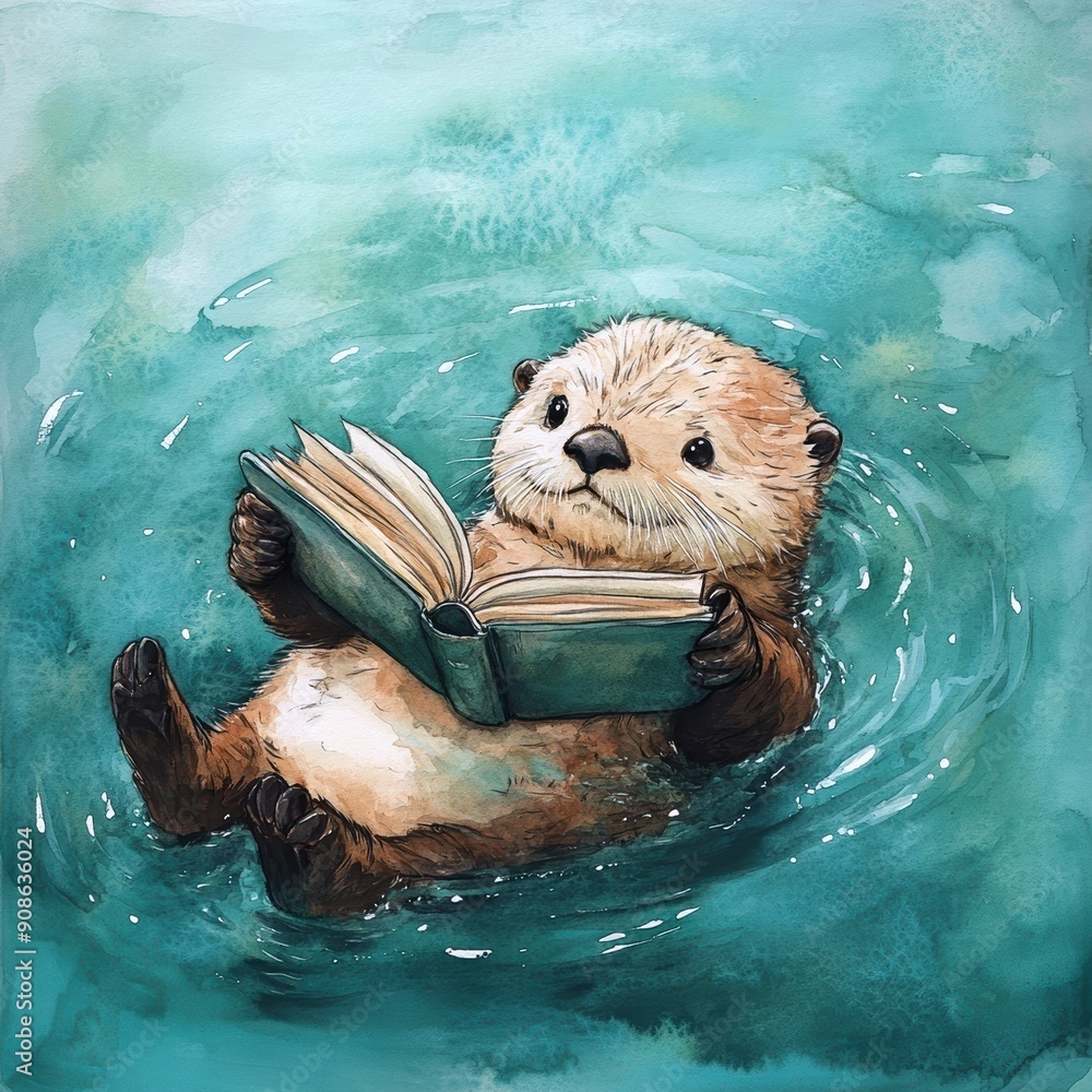 baby sea otter floating in water on its back reading book in his paws ...