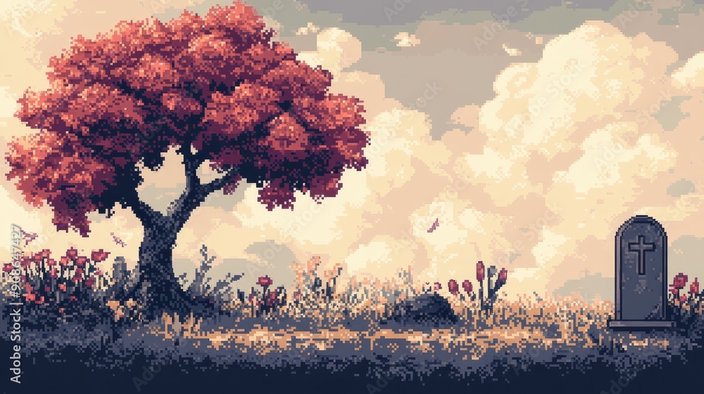 8-bit pixel art of a cute pastel goth graveyard with a tree, tombstone ...