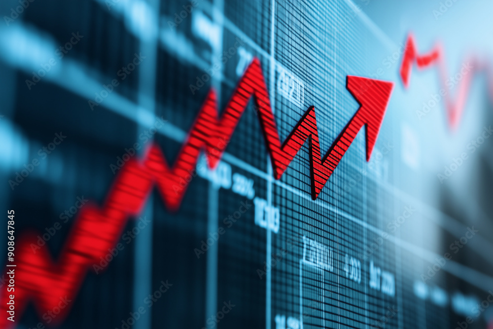 The prominent rise of a red arrow on business graphs symbolizes a ...