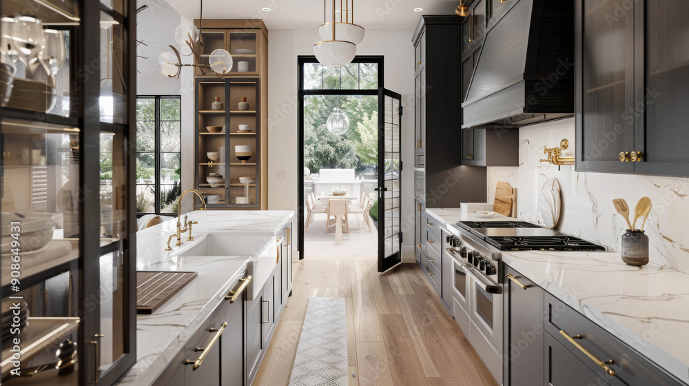 modern galley kitchen with a butlers pantry, shaker cabinets and white ...