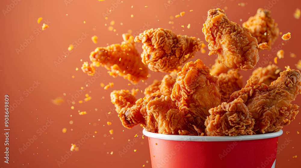 Fried chicken flies out of the kfc bucket, open frame, clear background ...