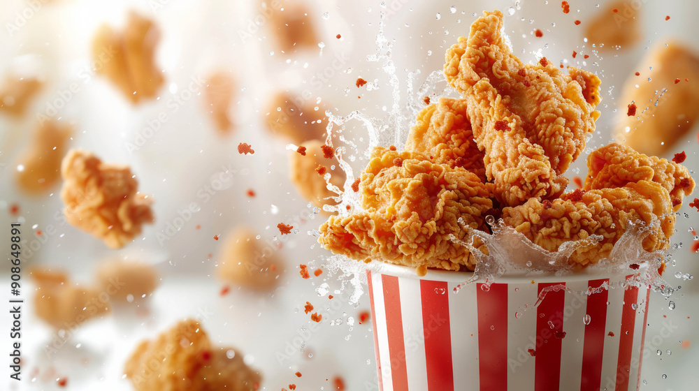 Fried chicken flies out of the kfc bucket, open frame, clear background ...