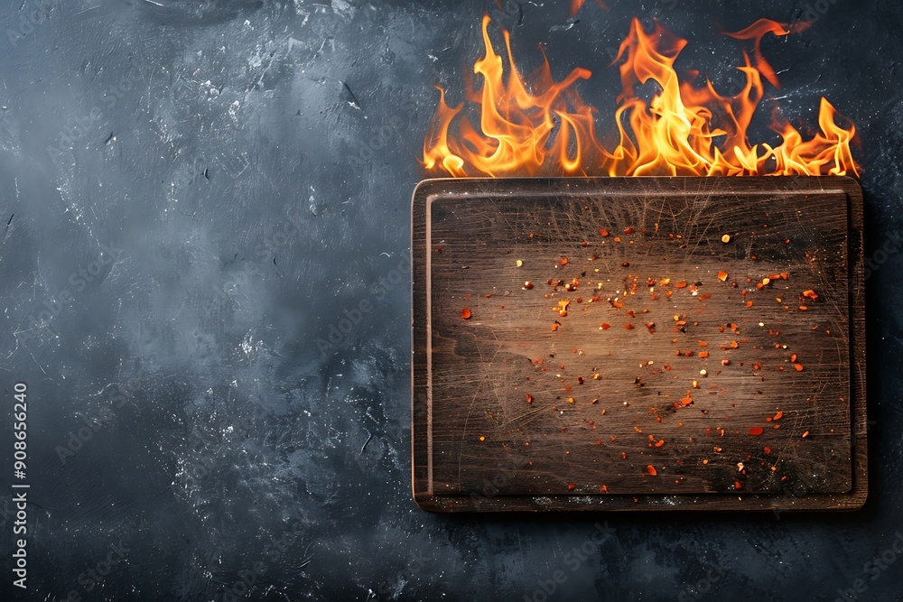 Fire blazing behind an old wooden crate, scorched wooden surface ...