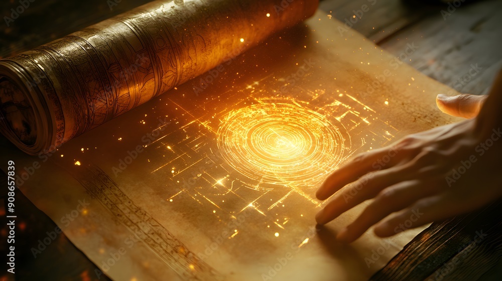 An ancient scroll merging with a holographic touch screen, time-travel ...