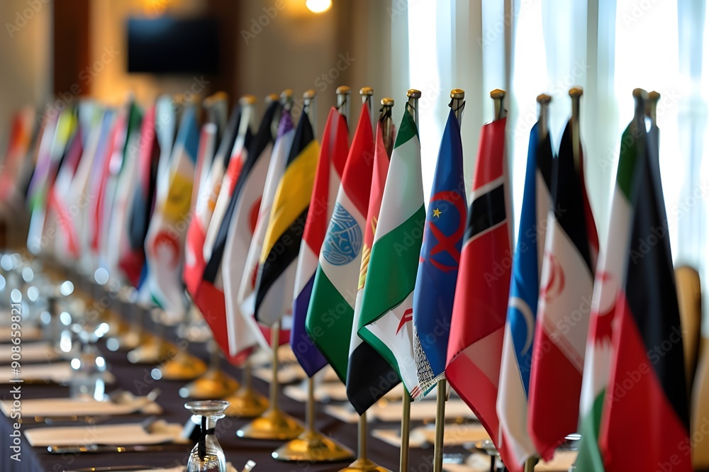 Many world flags flying in a row outside of expo center waving on blue ...