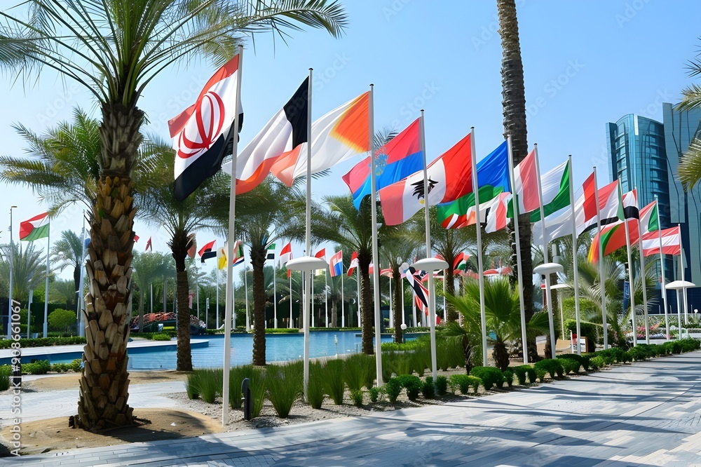 Many world flags flying in a row outside of expo center waving on blue ...
