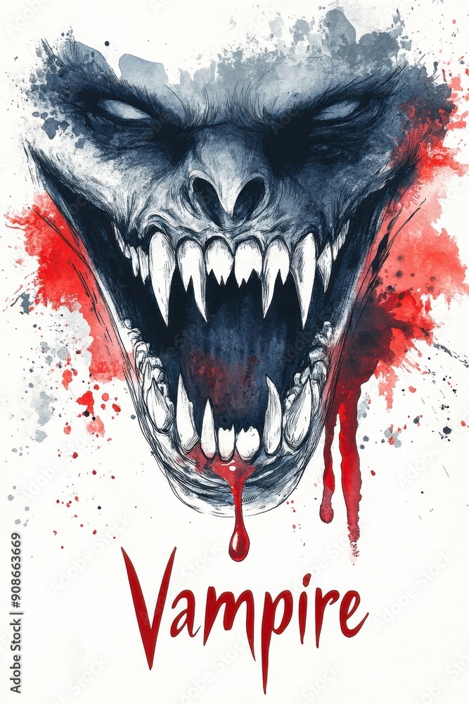 Watercolor vampire fangs and blood drop, with text "Vampire" in big ...