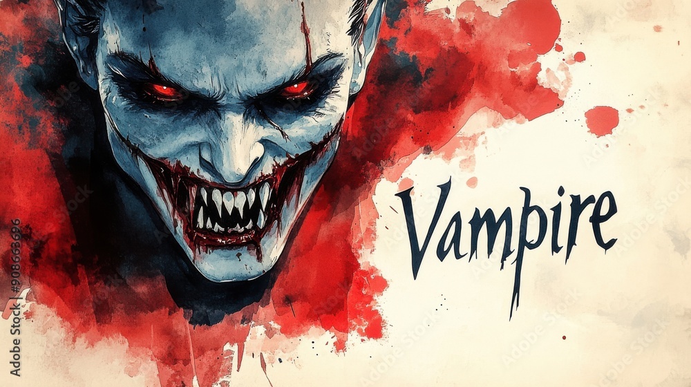 Watercolor vampire fangs and blood drop, with text "Vampire" in big ...