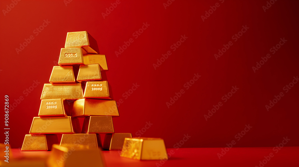 Golden Pyramid of Success: A stack of gleaming gold bars forms a pyramid against a vibrant red ...