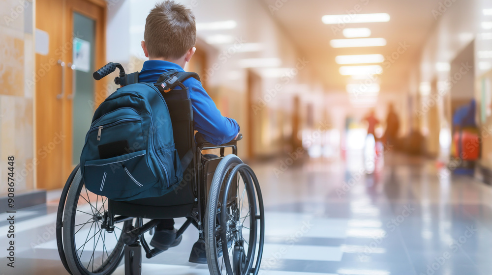 ภาพประกอบสต็อก School Hallway: A young student in a wheelchair ...