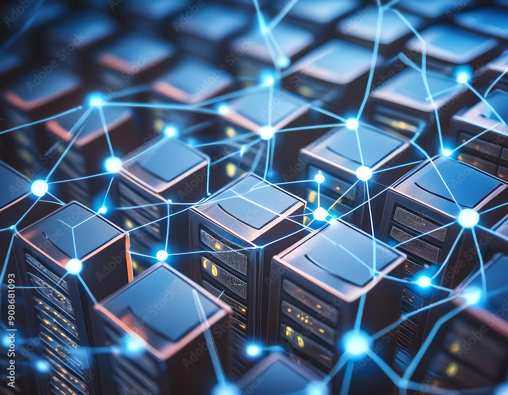 Complex network of interconnected database servers, symbolizing data ...