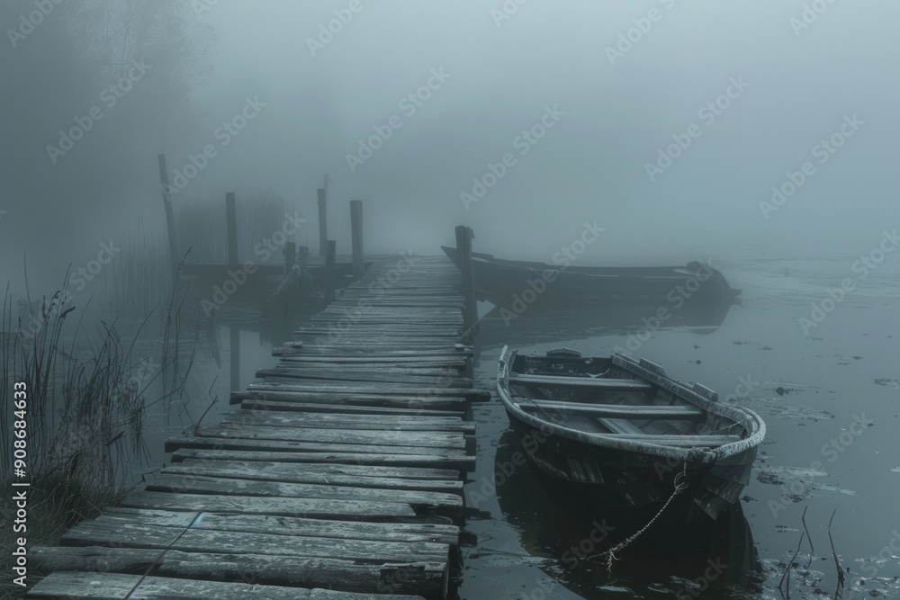 Foggy Docks. An old, mist-covered dock with creaking wooden planks ...