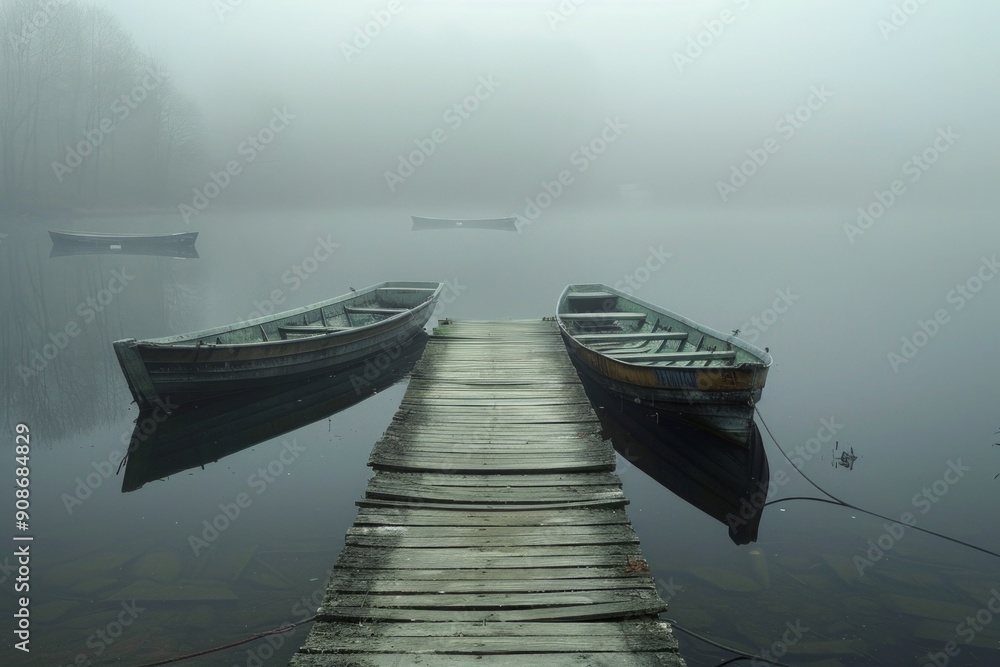 Foggy Docks. An old, mist-covered dock with creaking wooden planks ...