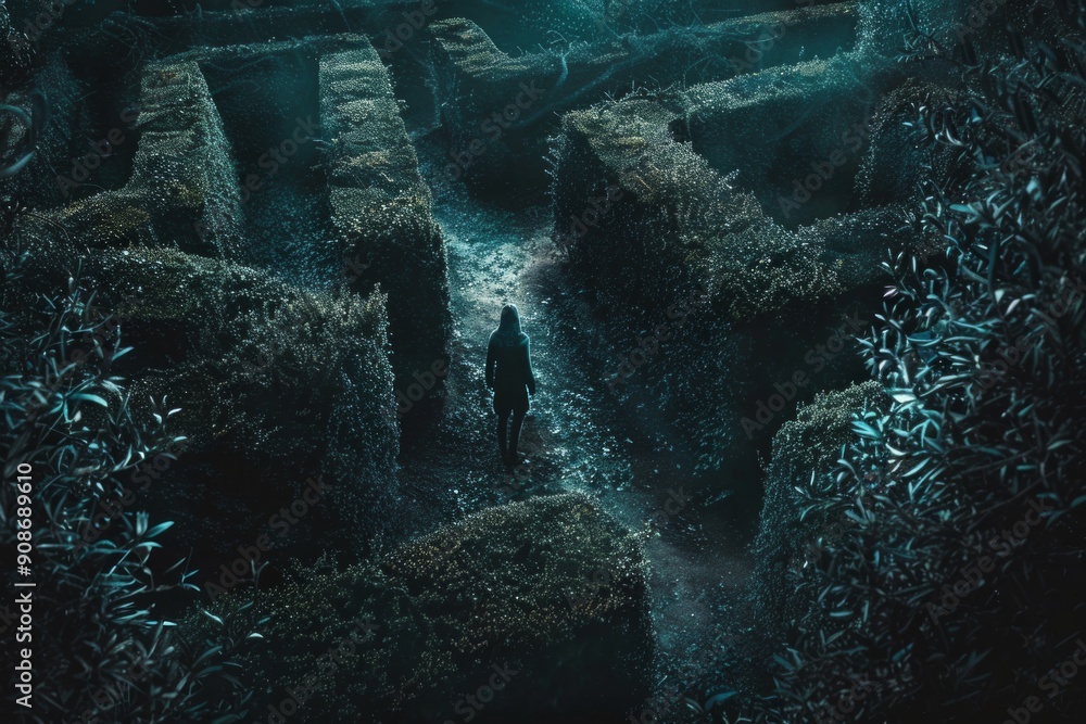 Lost in a Maze. A person standing at the entrance of an overgrown, dark ...