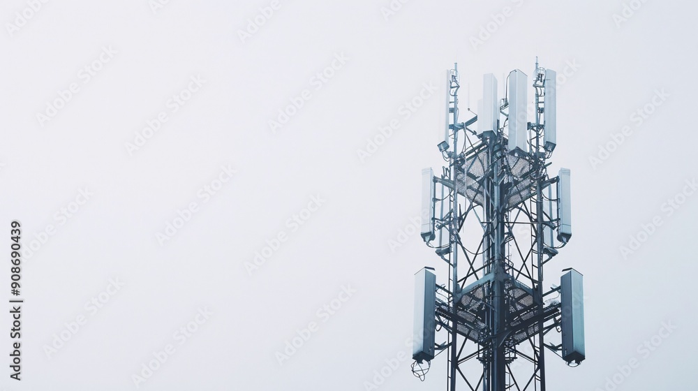 Sharp and detailed photo of a telecommunication tower with 5G antennas ...