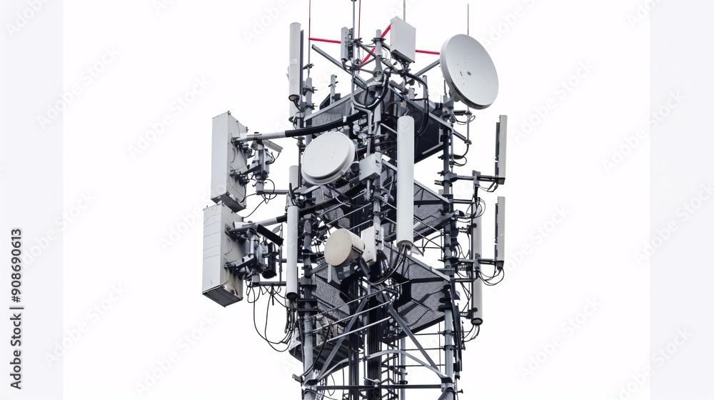 High-resolution image of a 5G telecommunication tower, isolated on a ...