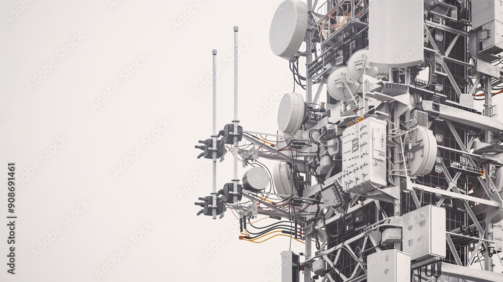 Detailed 32k UHD photo of a telecommunication tower with 5G antennas ...