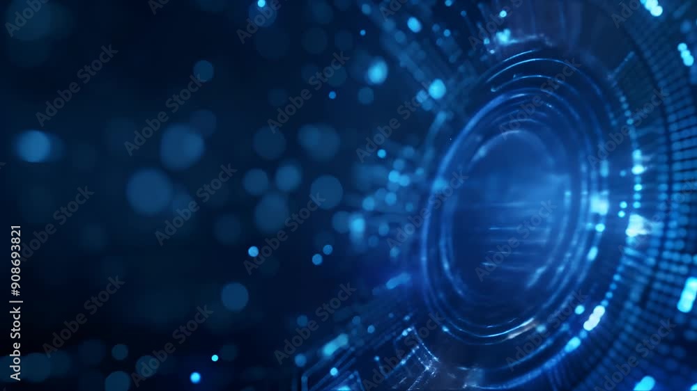 Horizontal video of futuristic blue digital interface with concentric ...