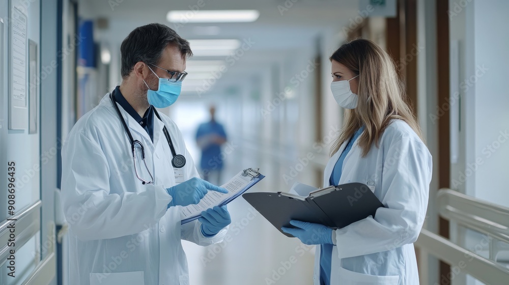 Two healthcare professionals discuss patient care in a busy hospital ...
