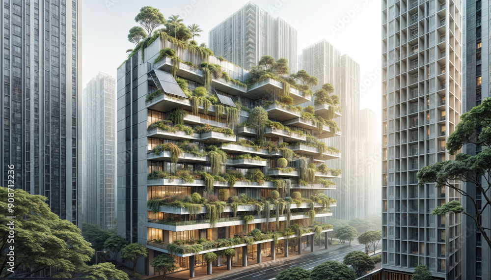 high-rise apartment building with lush vegetation integrated into the ...