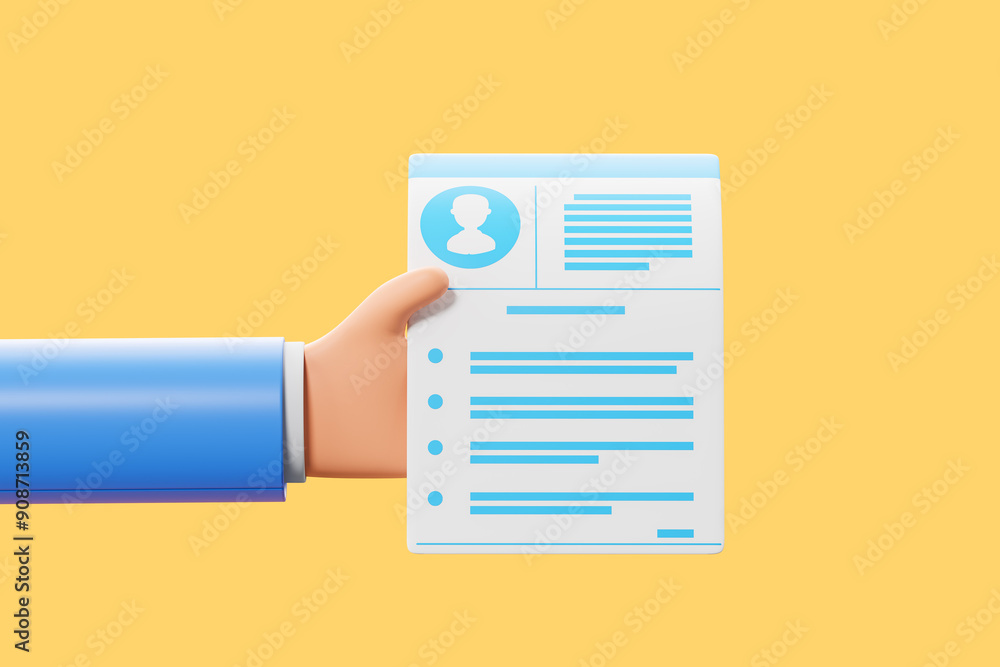Cartoon hand holding a resume with personal information and work ...