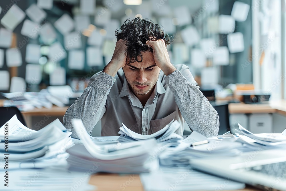 Employee stressed with business paperwork. Businessman check, review ...