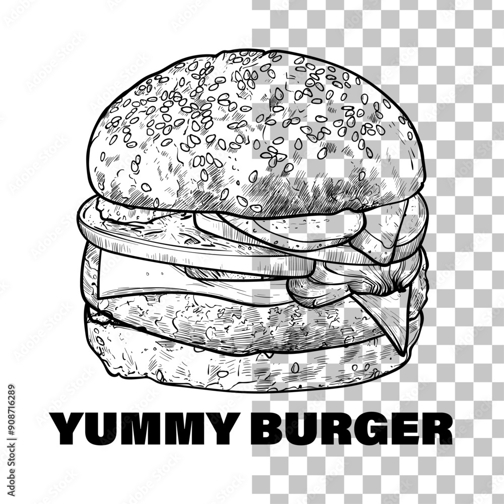 Vector yummy burger line art hand drawn with pickles, tomatoes, cheese ...