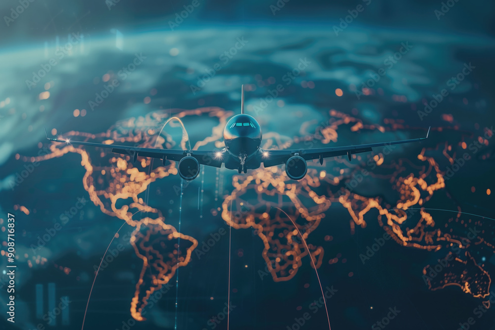 Airplane flying over illuminated world map with global communication ...