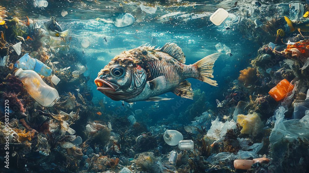Polluted ocean with dead fish and plastic waste, highlighting the ...