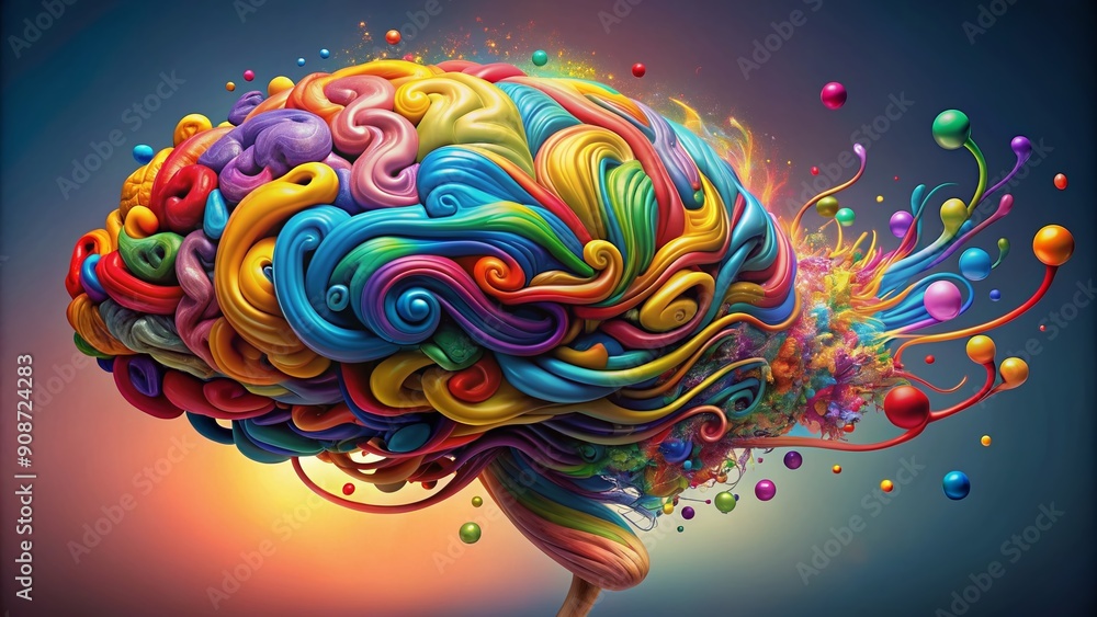 Vibrant, swirling tornado of colorful thoughts and ideas bursts from a ...