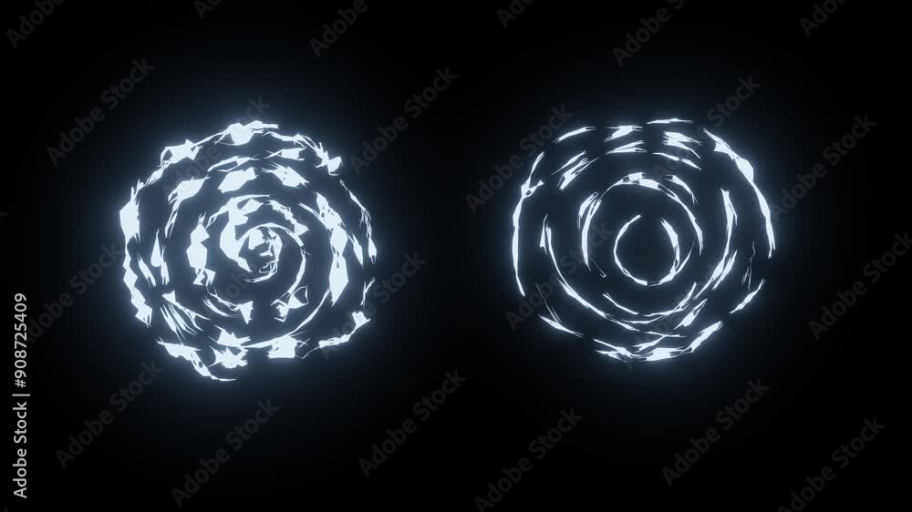 Two blue electric energy balls spinning on a black background. Neon ...