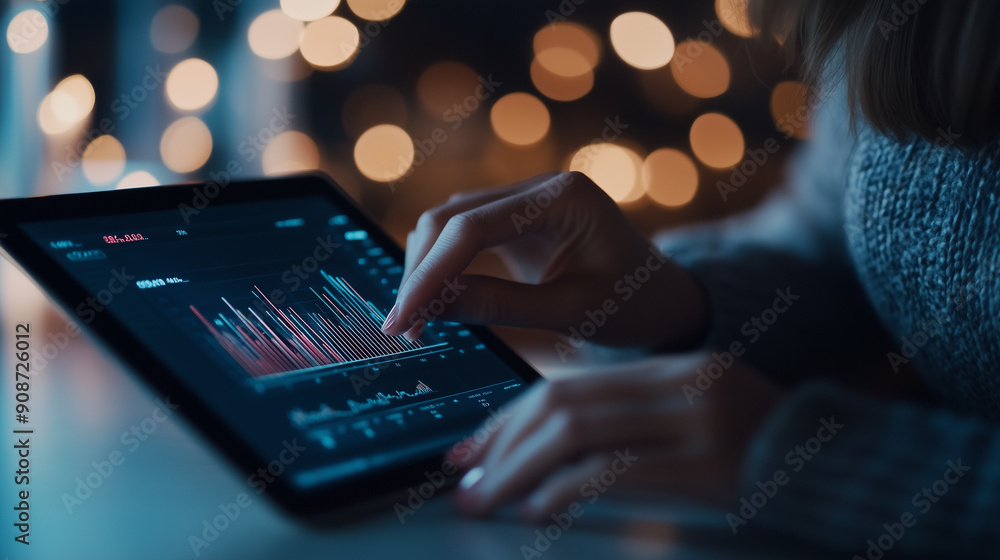 Person using a tablet with floating data visualizations and financial ...