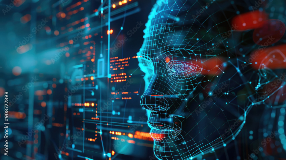 Facial recognition technology, human face with data of AI biometric ...