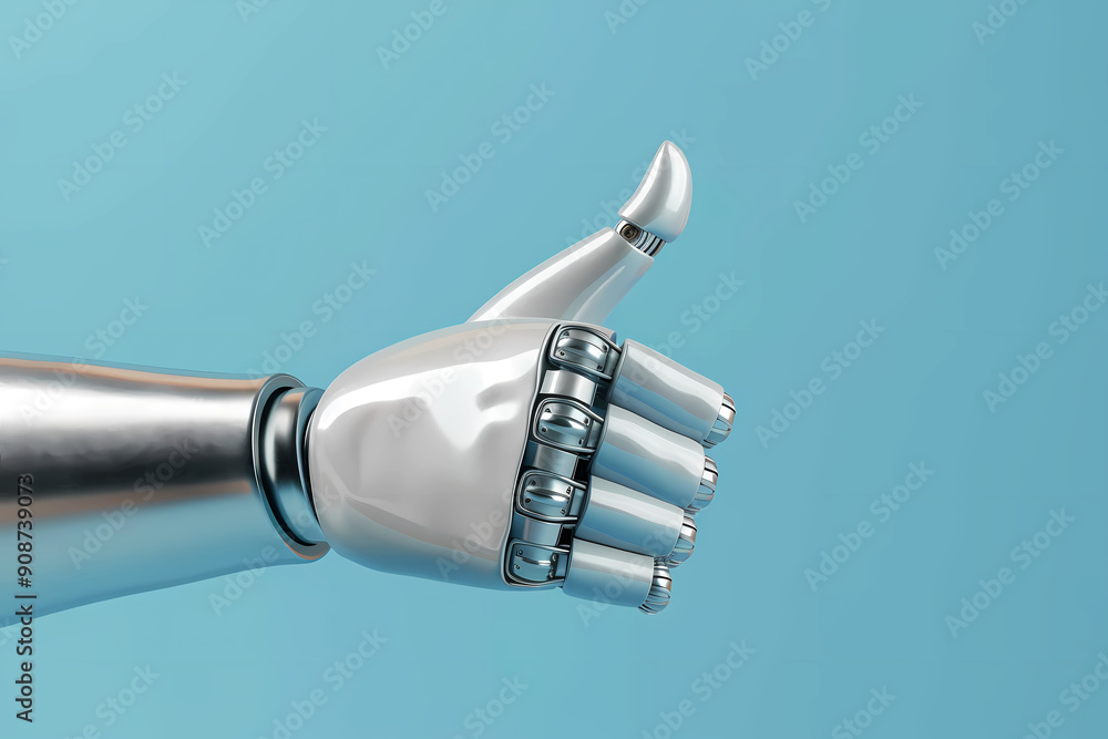 Metallic Thumbs Up: A sleek, silver robotic arm extends against a ...