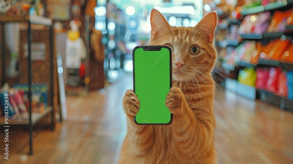 Cat holding smartphone with green screen in pet store, mockup for ...