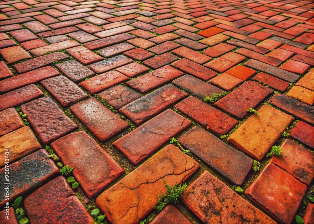 Vibrant red brick pavement with intricate textures and irregular shapes ...