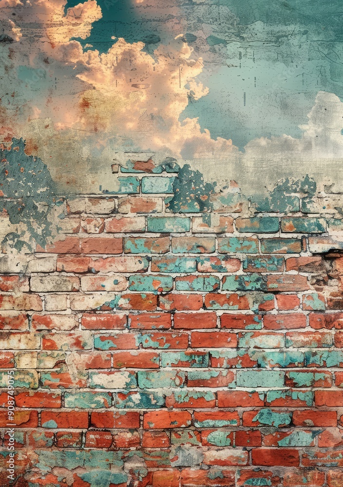 Vibrant Rustic Brick Wall with Colorful RGB Clouds, an aged brick ...