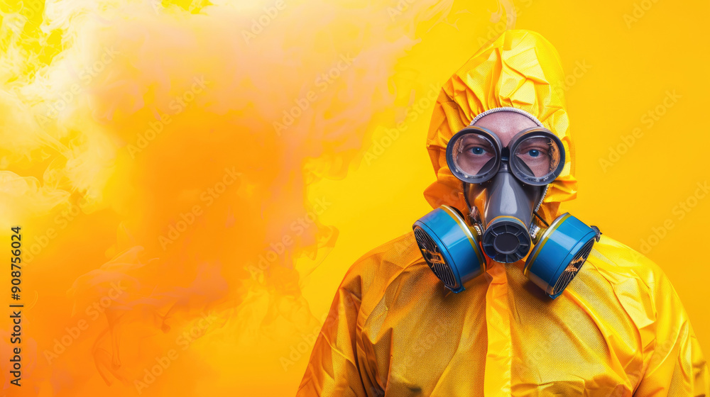 A man in a chemical protective suit and a gas mask against the ...