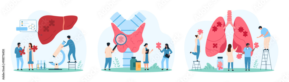 Internal organs health care, awareness and protection set. Tiny people ...