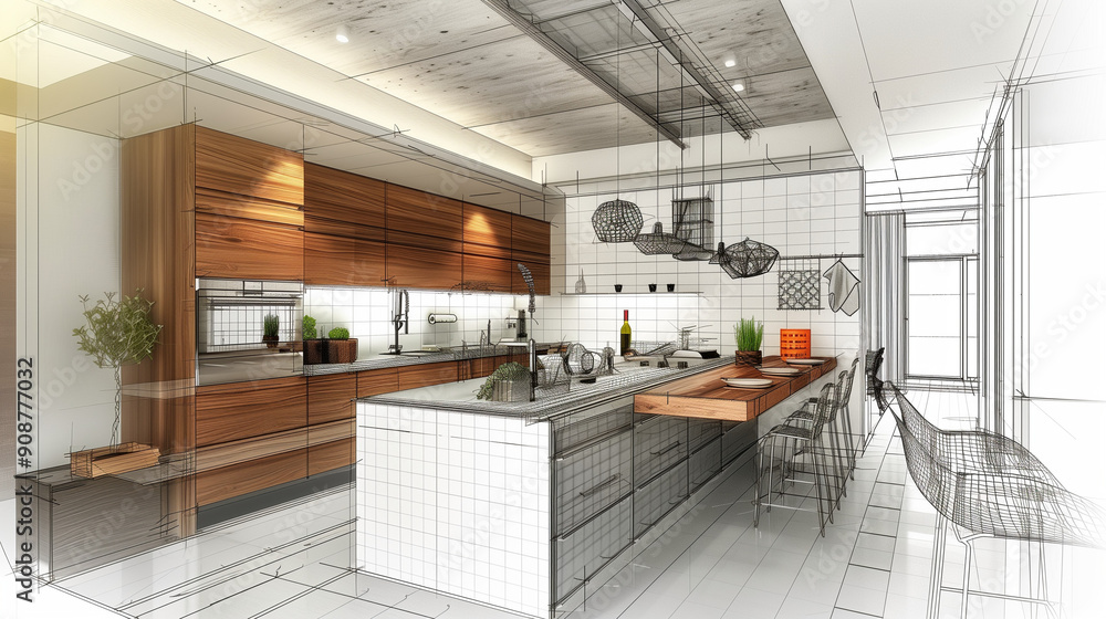 "Modern kitchen interior design featuring white and wood colors with ...